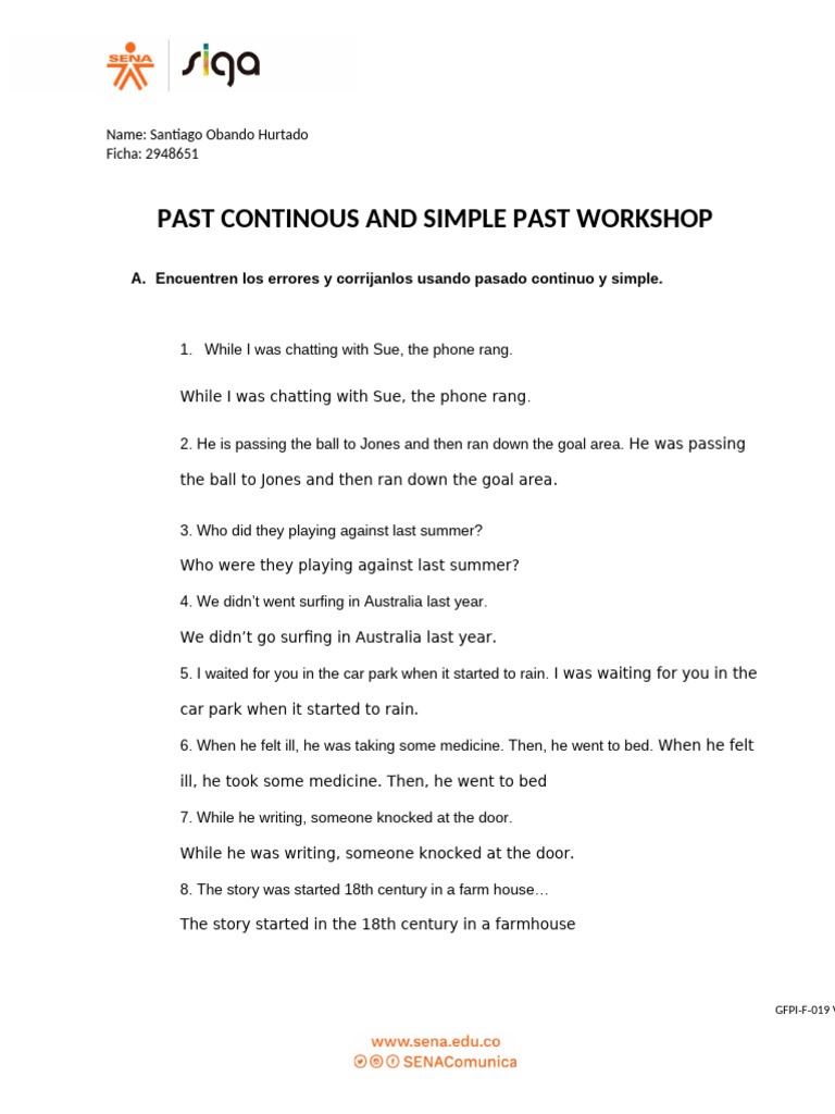 Past Continuous Workshop Santiago Obando | PDF