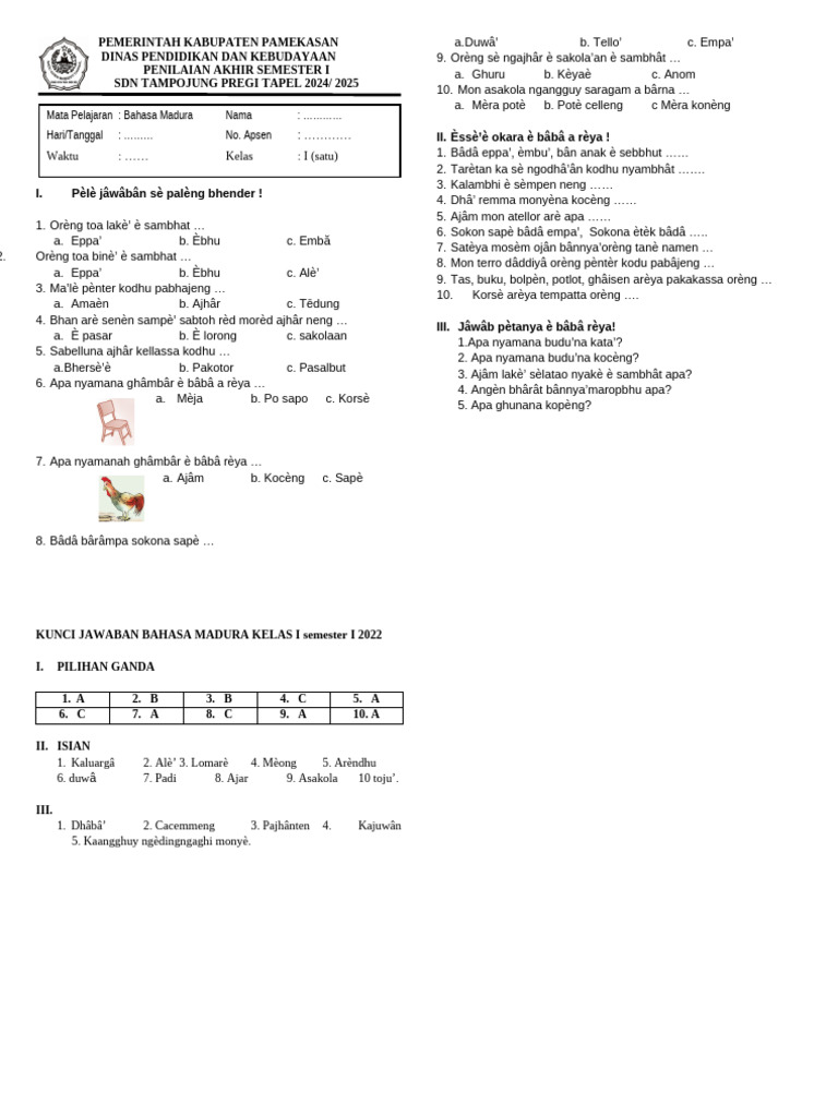 Soal Pas Kelas 1 Bahasa Madura | PDF