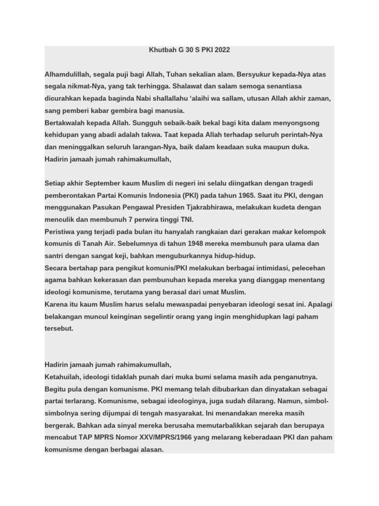 Khutbah G 30 S PKI 2022 | PDF