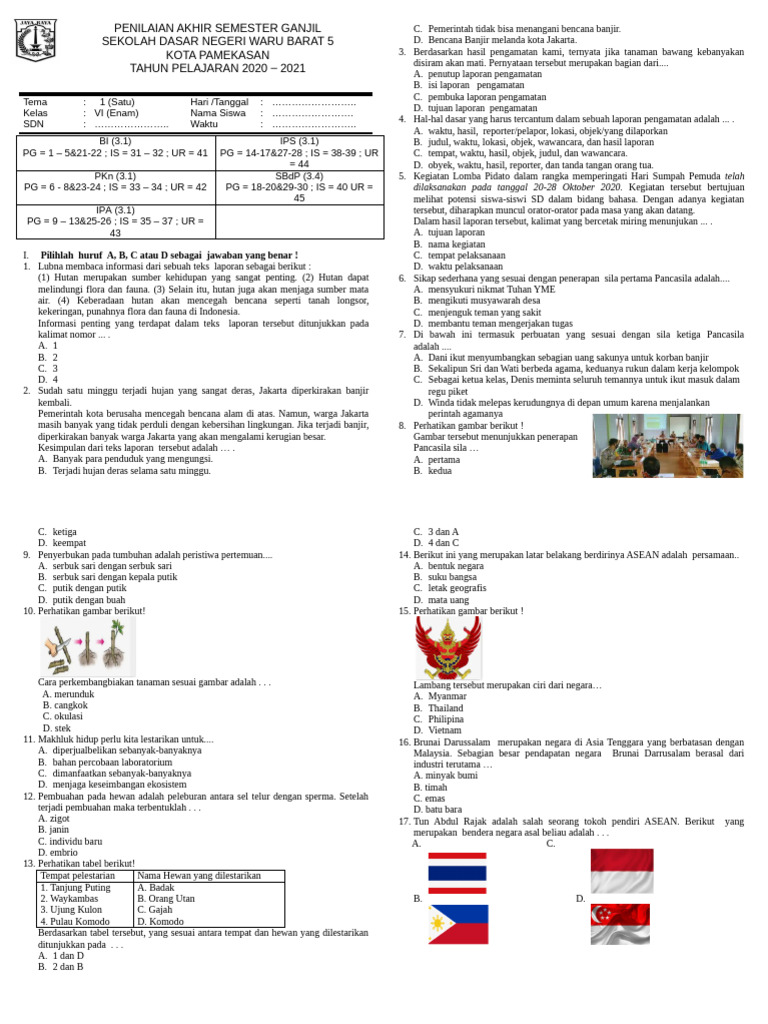 Soal Pas 2020 Tema 1 Kelas 6 Sem 1 | PDF