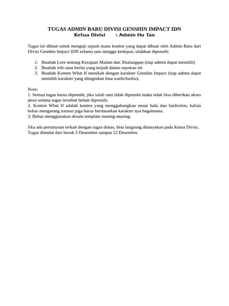 Tugas Admin Baru Divisi Genshin Impact Idn | PDF