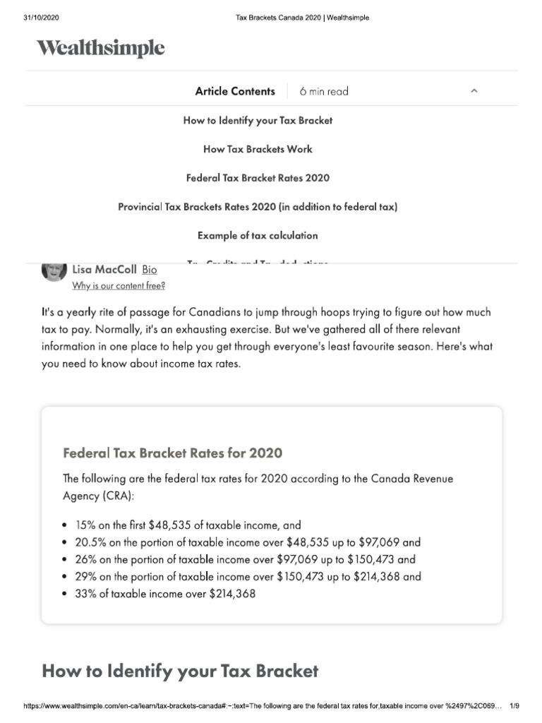 Tax Brackets - Canada 2020 | PDF