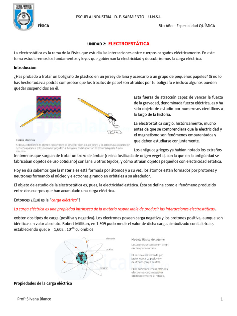 Uni 2 - Electrostática - Parte 1 | PDF | Carga eléctrica | Electrostática