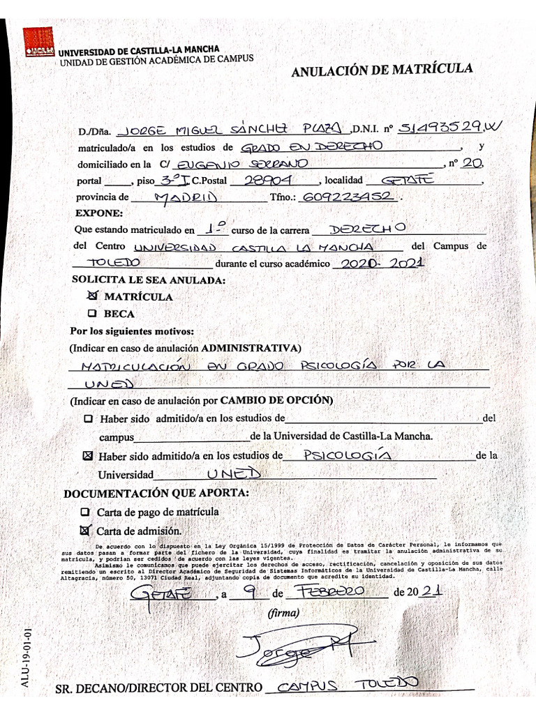 Anulación Matrícula Derecho Jorge (1) | PDF