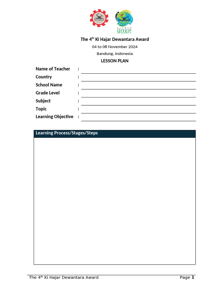 Lesson Plan Format - 4th KHD Award | PDF