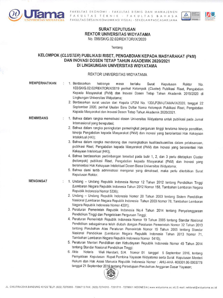 SK-No.099-Kelompok-Cluster-Publikasi-Riset-PkM-dan-Inovai-Dosen-Tetap-TA-2020-2021 | PDF