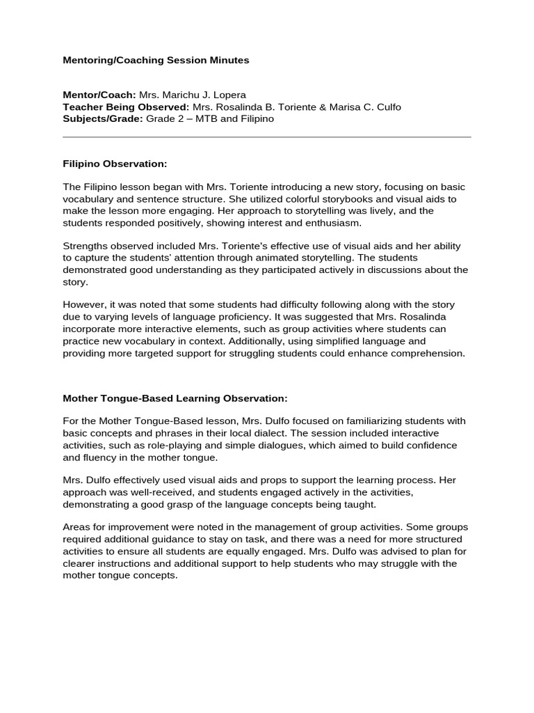 Mentoring and Coaching Minutes Example | PDF