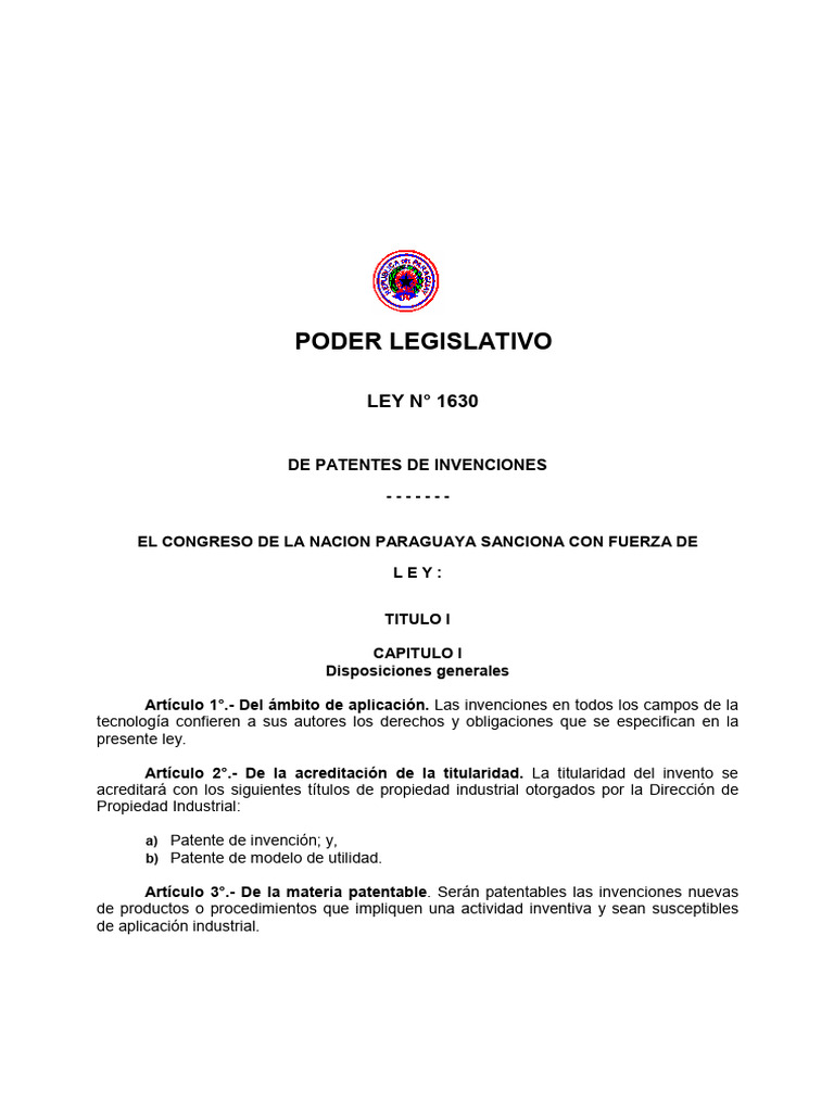 Ley 1630 00 Patentes | PDF | Patentar | Derecho privado