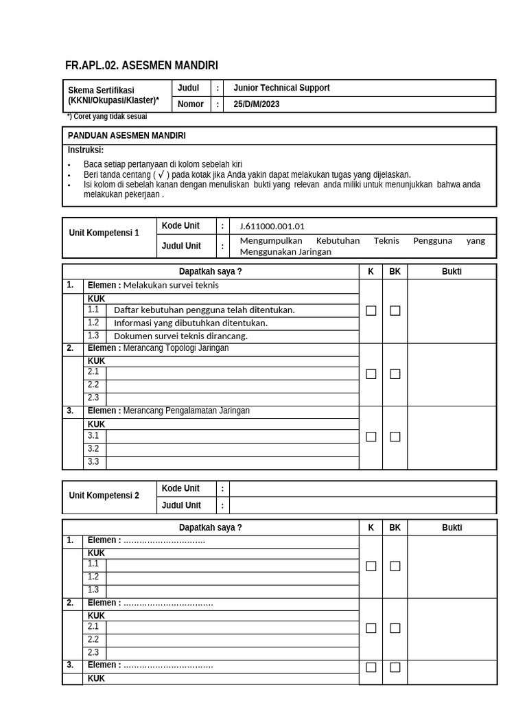 Panduan Asesmen Mandiri APL 02 | PDF