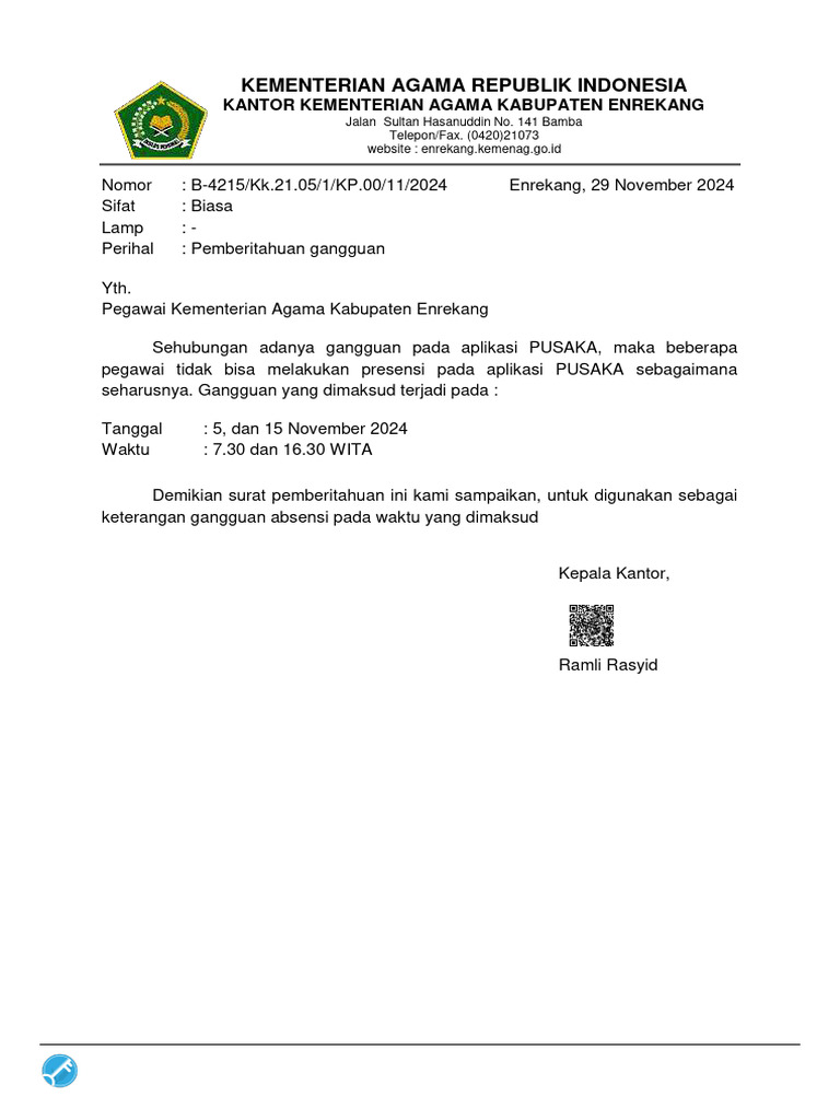Surat Keterangan Absen Error 5 dan 15 Nov 2024 | PDF