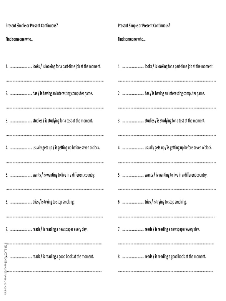 Find someone who... Present Simple vs. Present Continuous | PDF