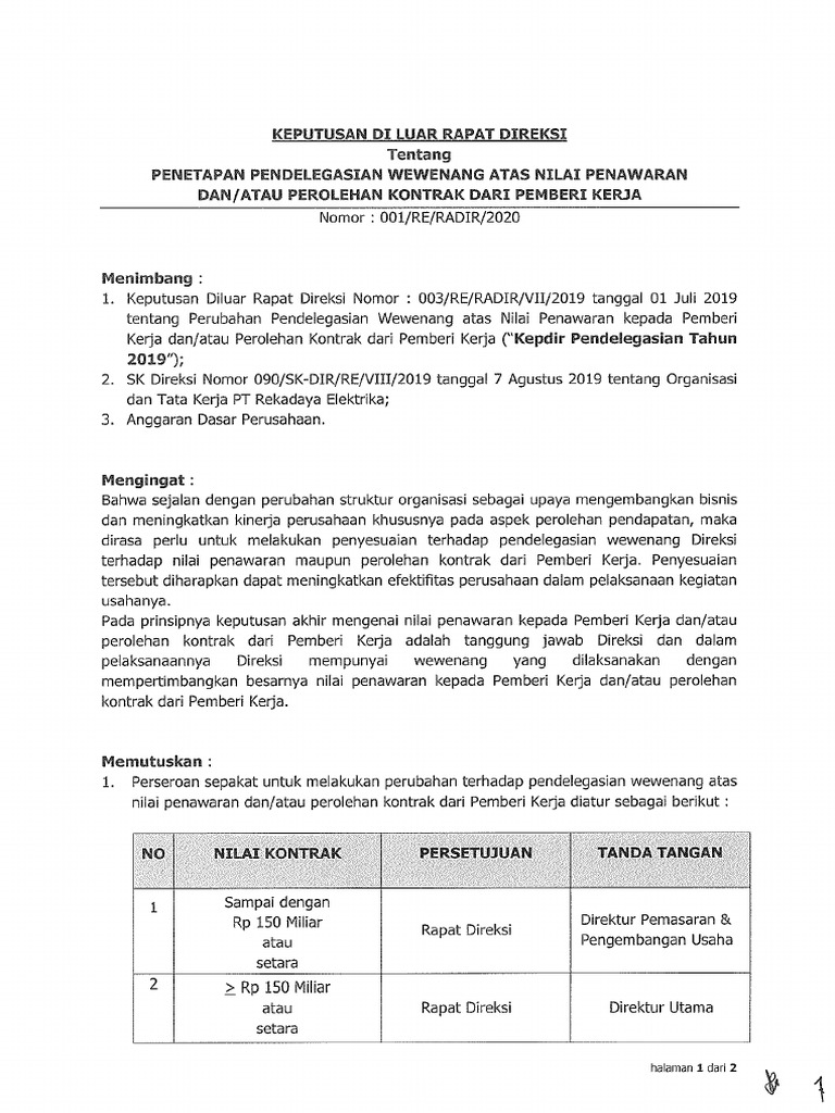 Kepdir - Pendelegasian Wewenang Perolehan Kontrak_2020 | PDF