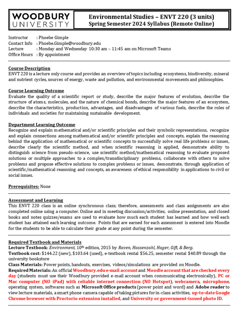 ENVT 220 Syllabus OS2 - Spring 2024 | PDF | Academic Dishonesty