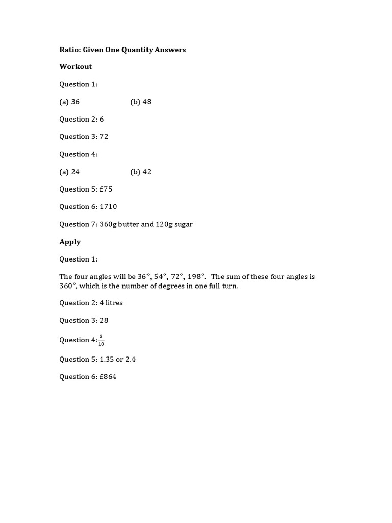 Ratio Given One Value Textbook Exercises Answers | PDF