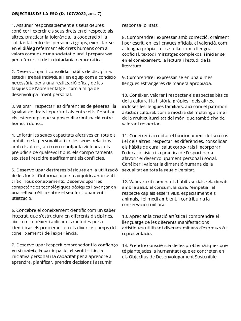 01 Objectius de La Eso | PDF