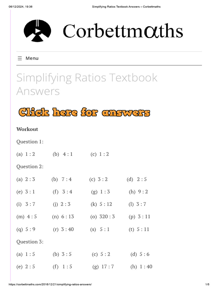 Ratio Simplifying Textbook Exercises Answers | PDF