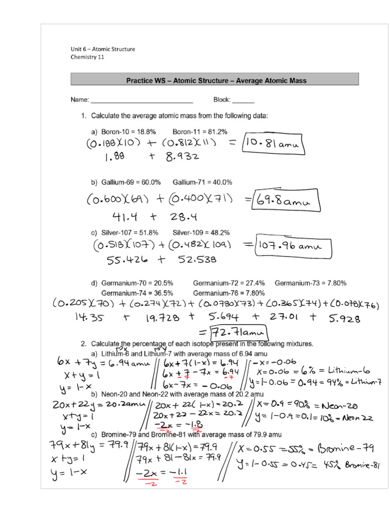 2f - Practice WS - Atomic Structure - Average Atomic Mass (KEY) | PDF