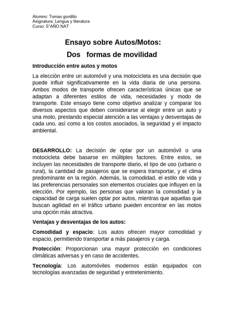 Ensayo Sobre Autos | PDF | Coche | Motocicleta