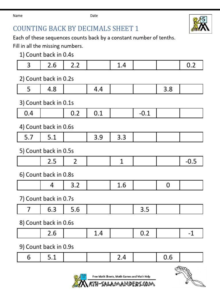 Counting Back by Decimals 1 | PDF