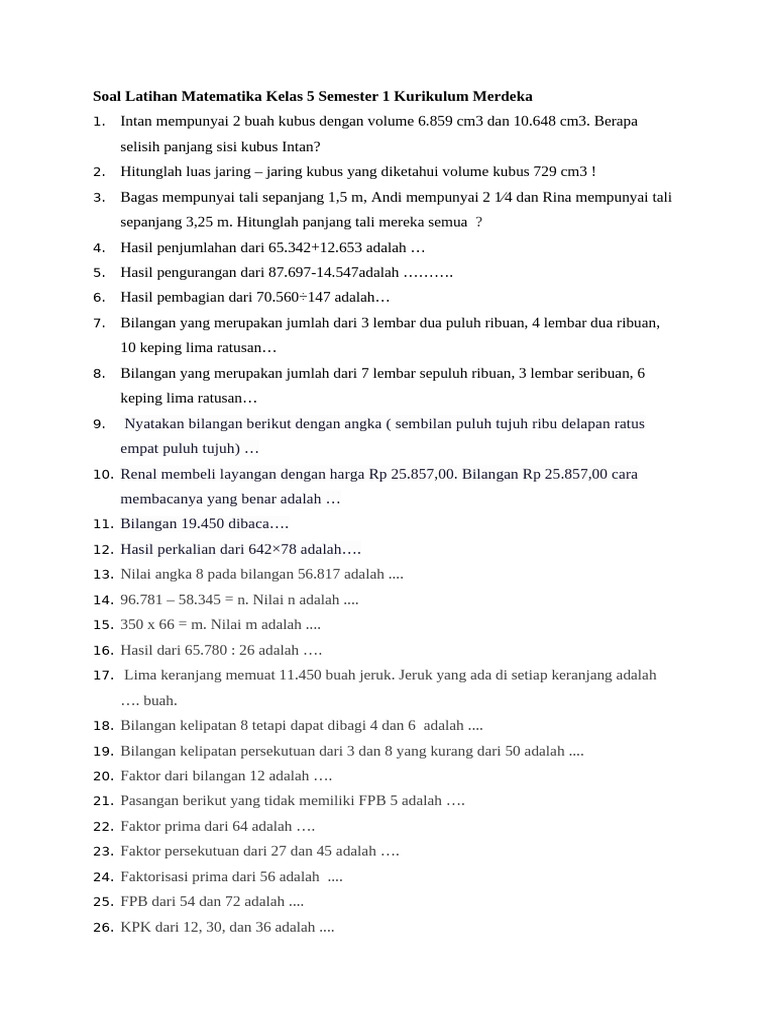 Soal Latihan Matematika Kelas 5 Semester 1 Kurikulum Merdeka | PDF