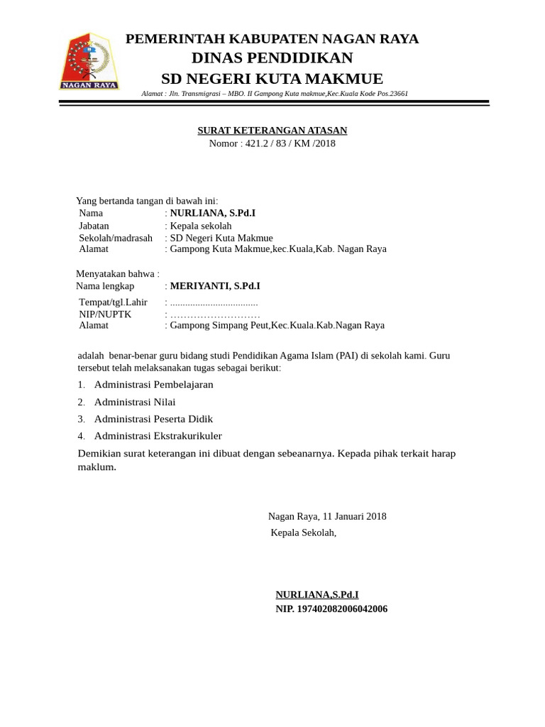 Surat Keterangan Kepsek (1) - 1 | PDF