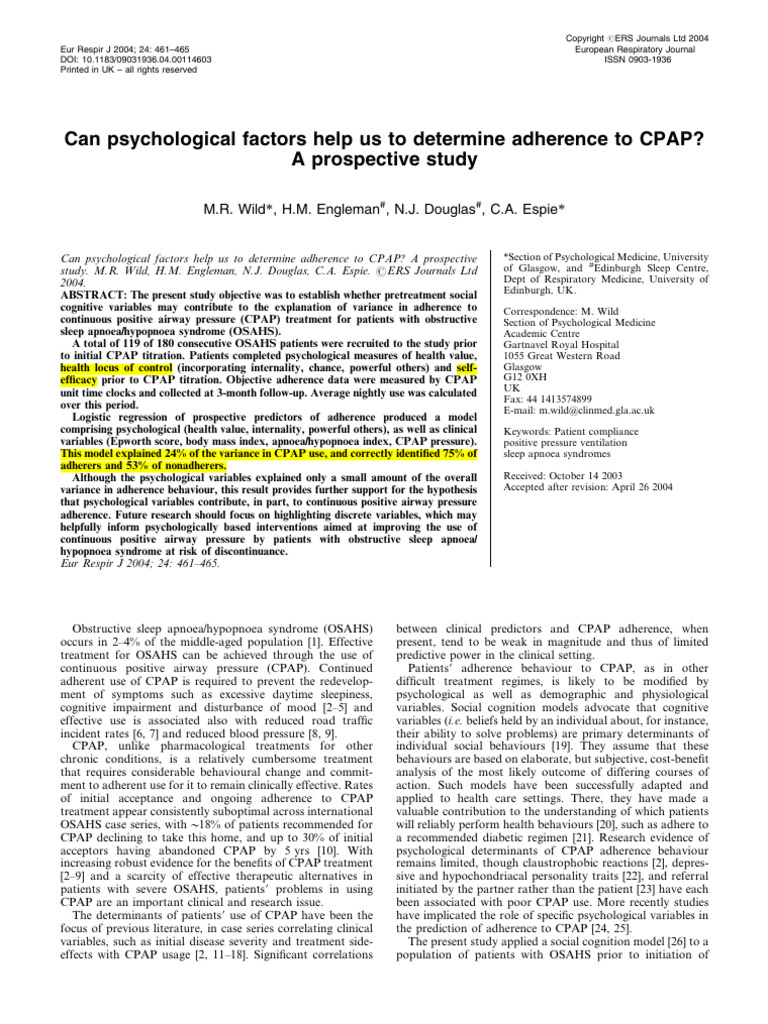 D - Can Psychological Factors Help Us To Determine Adherence To CPAP. A ...