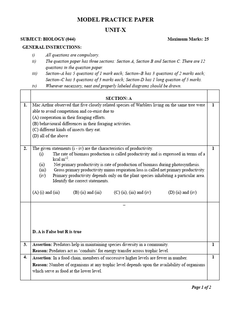 Model Practice Paper-Unit-X | PDF | Primary Production | Biodiversity