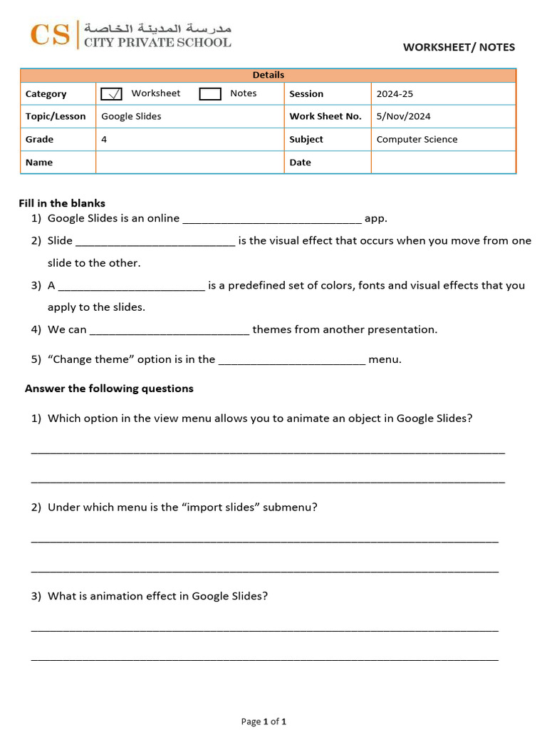 Worksheet- Google Slides | PDF