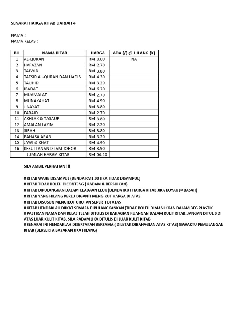 Senarai Harga Kitab DJH 4 | PDF