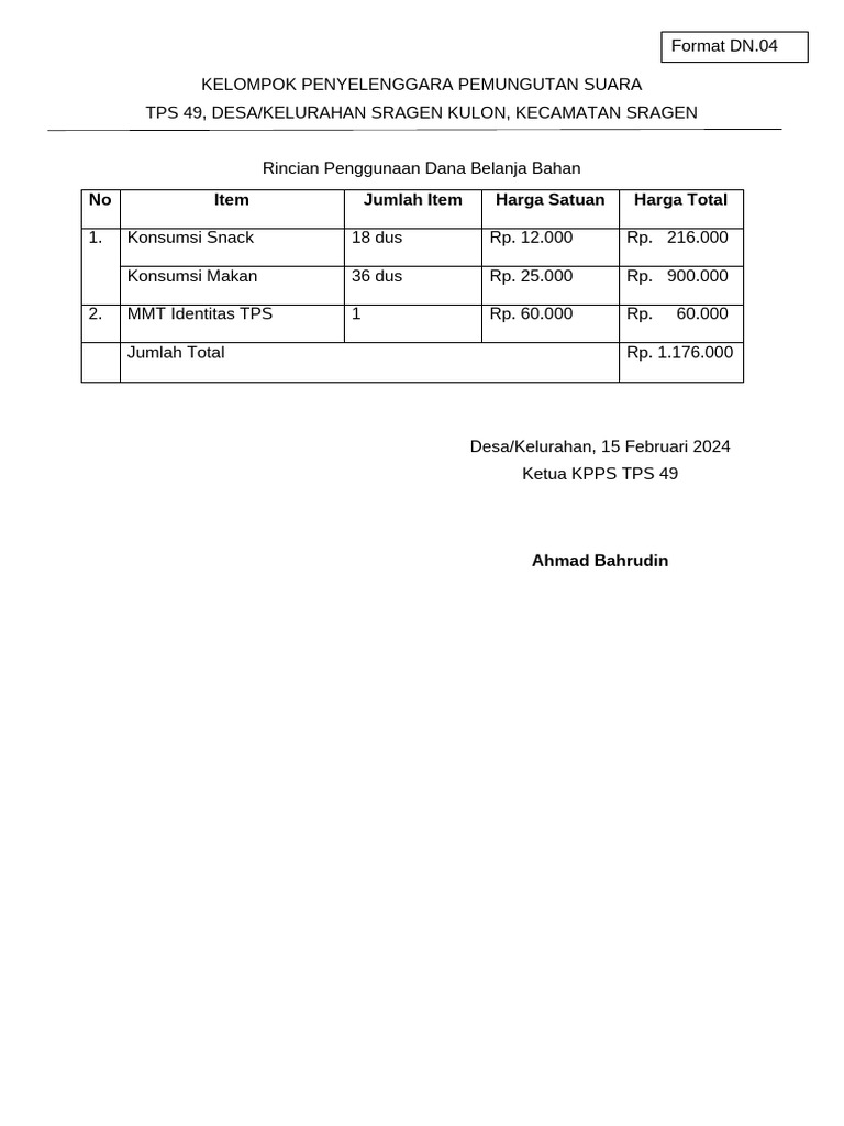 TPS 49 Rincian Penggunaan Dana Belanja Bahan | PDF
