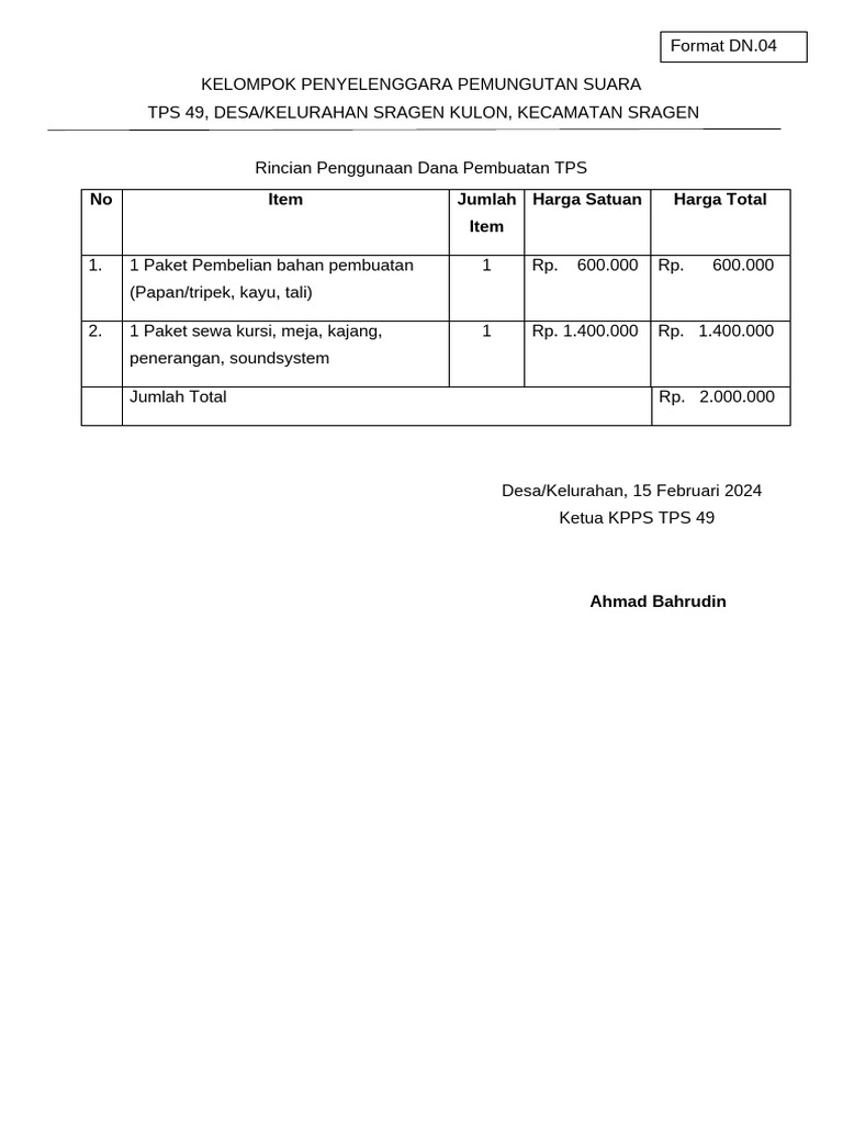 TPS 49 Rincian Penggunaan Dana Pembuatan TPS | PDF