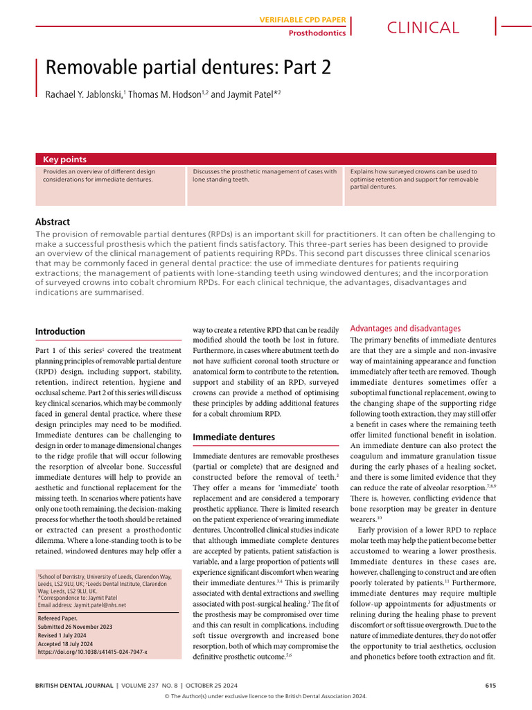 2024 - Removable Partial Dentures - Part 2 | PDF | Dentures | Dentistry Branches