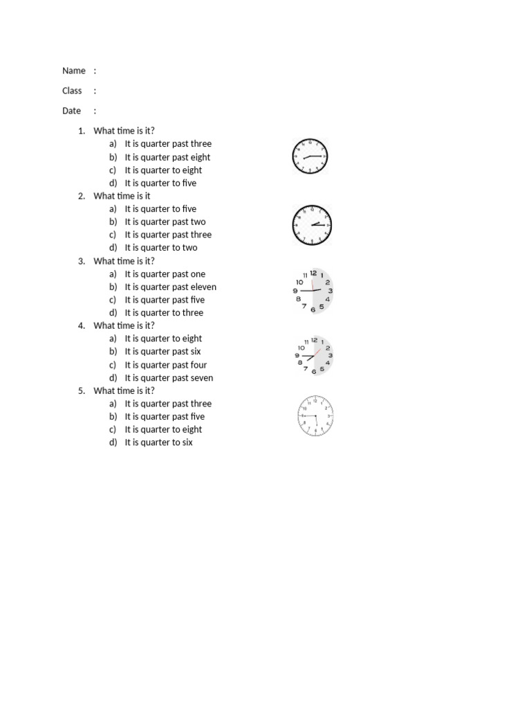 Time-Telling Quiz for Students | PDF