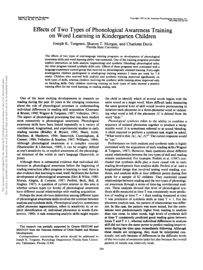 Torgesen, Morgan, Davis - Effects of Two Types of Phonological Awareness Training | PDF | Word ...