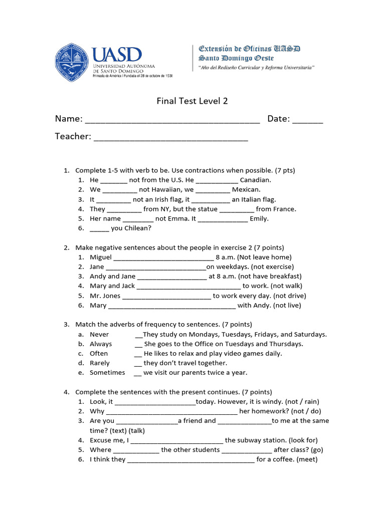 FInal Test Level 2 Tuesday and Thursday. | PDF | Adverb | Languages