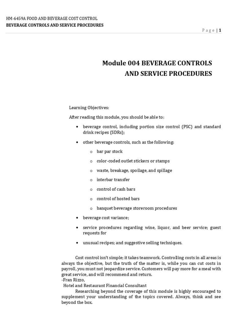 W4-Module 004 BEVERAGE CONTROLS AND SERVICE PROCEDURES | PDF ...