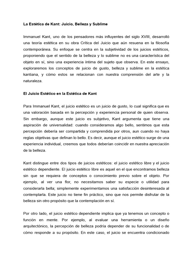 Ensayo sobre la Estética de Kant | PDF | Belleza | Immanuel Kant