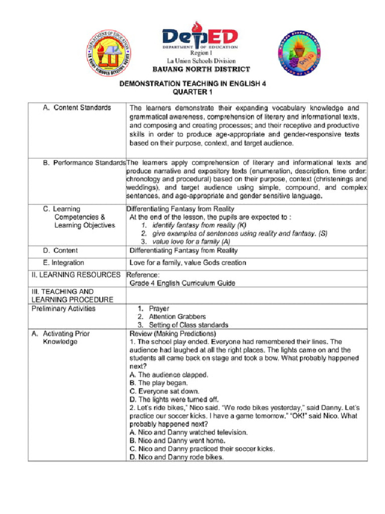 Grade 4 English Lesson Plan | PDF