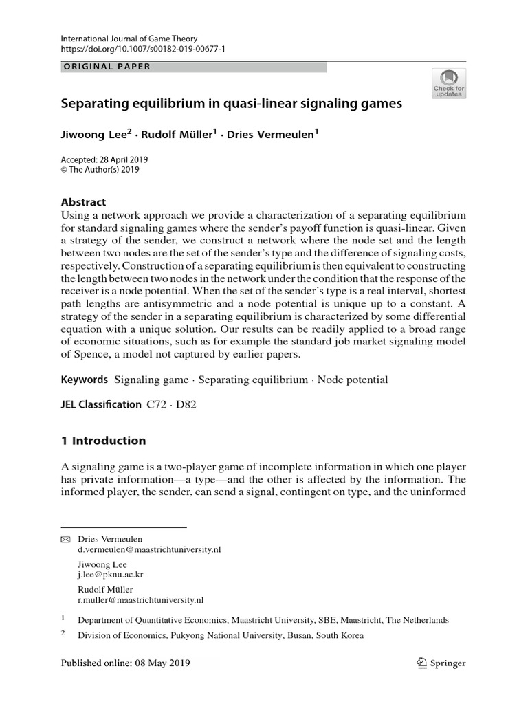 Separating Equilibrium in Quasi Linear s | PDF | Function (Mathematics) | Utility