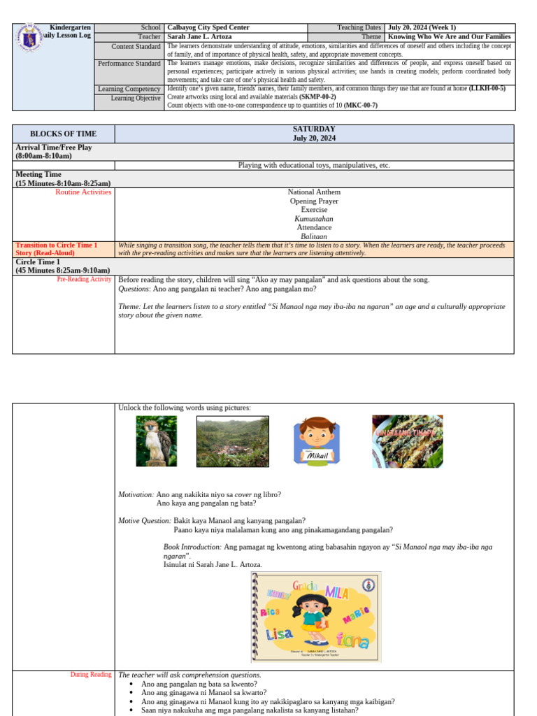 Kindergarten Matatag Curriculum Sample Lesson Plan | PDF