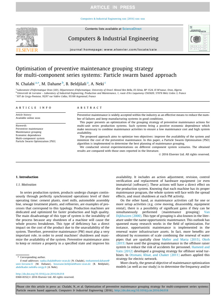 Chalabi Et Al. - 2016 - Optimisation of Preventive Maintenance Grouping Strategy For Multi ...