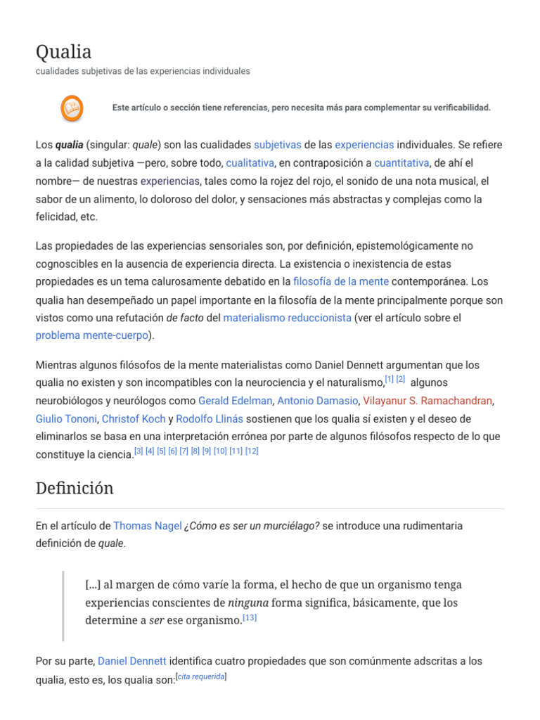 Qualia - Wikipedia, la enciclopedia libre | PDF | Qualia | Evaluación neuropsicológica