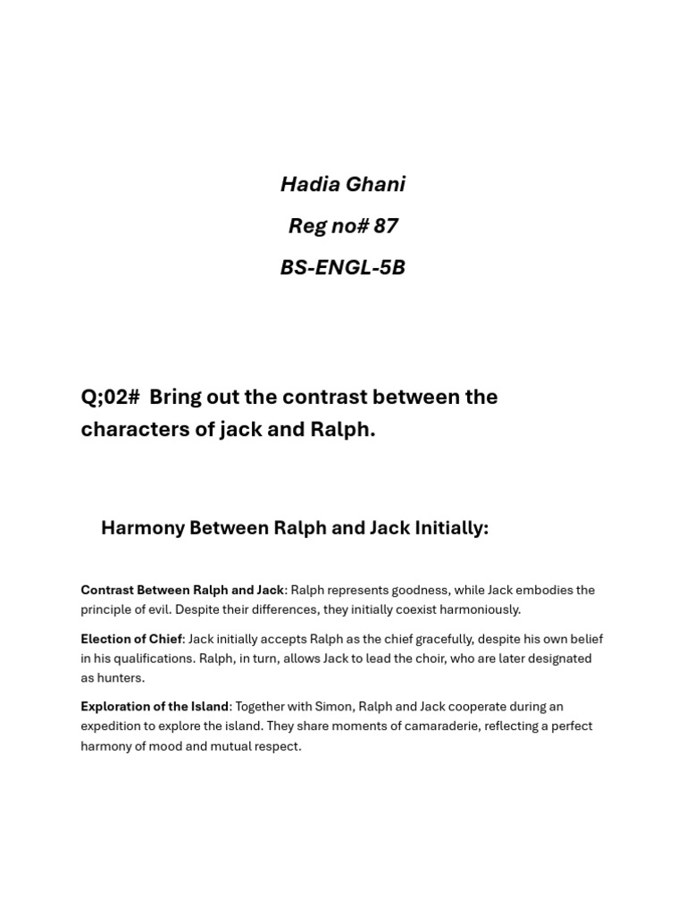 Contrast Between Jack and Ralph | PDF | Leadership | Thought