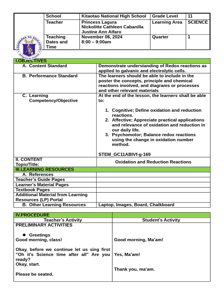 chemistry lesson plan | PDF | Redox | Chemical Reactions