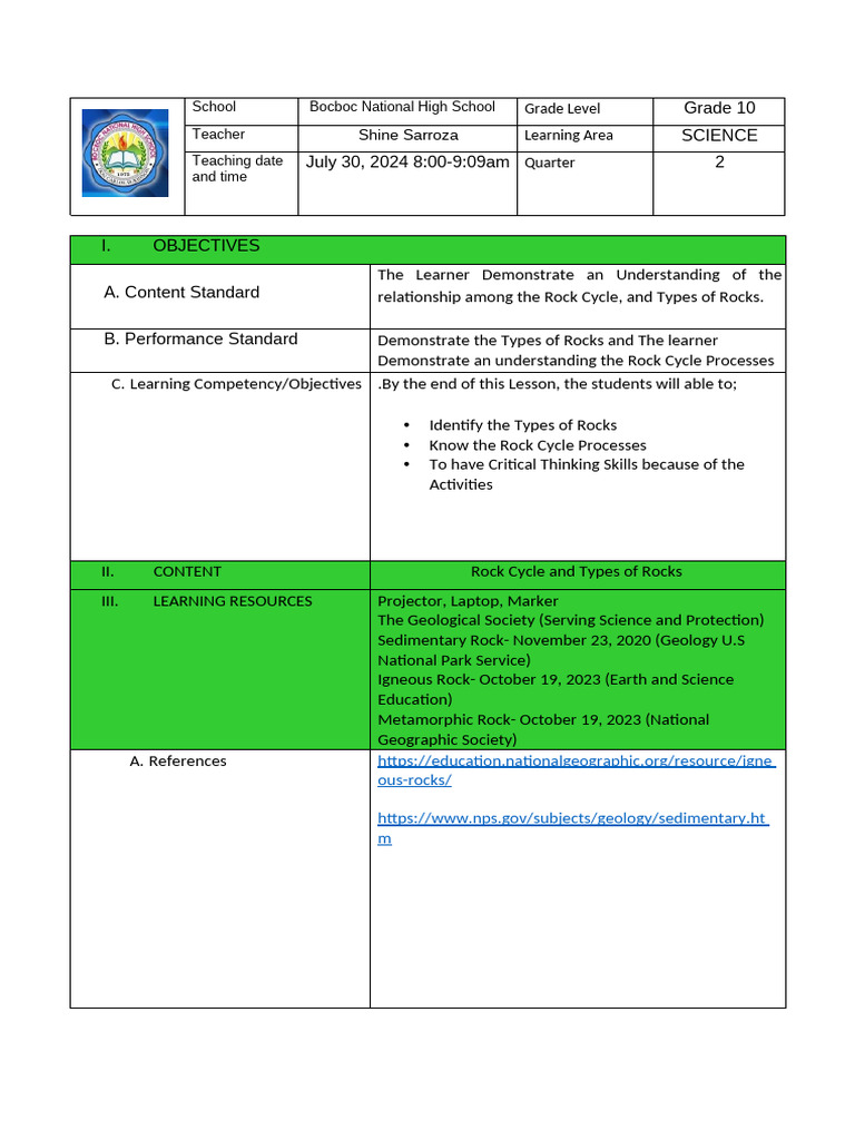 the-7Es-Lesson-Plan ROCK CYCLE FINAL | PDF | Rock (Geology) | Igneous Rock