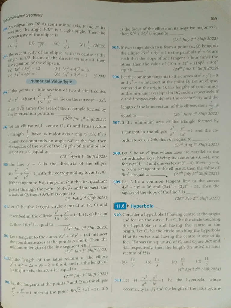 hyperbola pyqs | PDF | Ellipse | Analytic Geometry