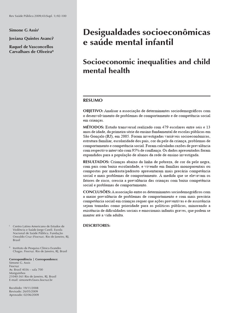 Desigualdades Socioeconomicas e Saúde Mental Infantil | PDF | Sociologia | Família