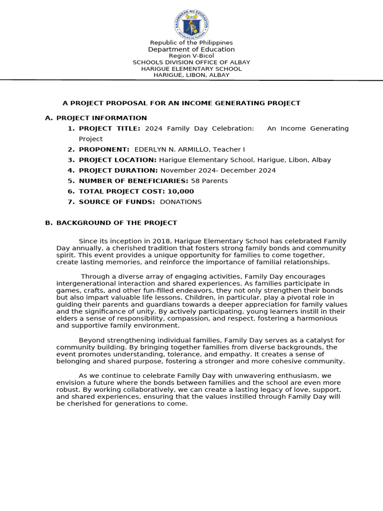 family day proposal | PDF | Evaluation | Monitoring And Evaluation