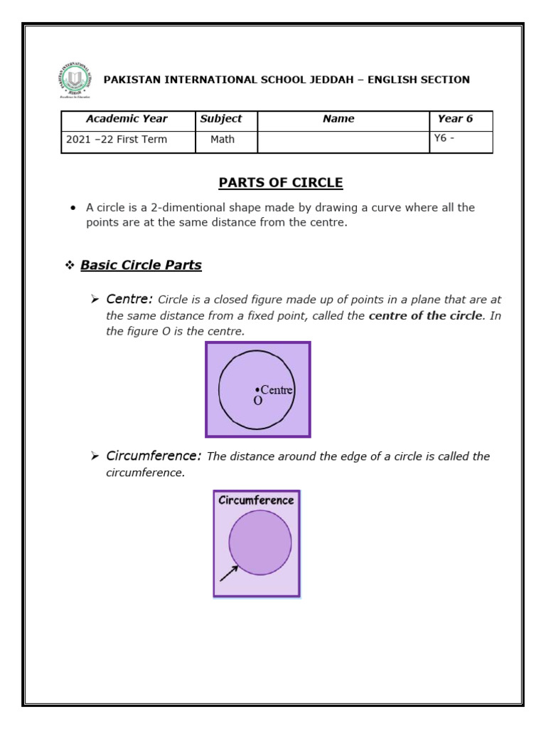 Parts of a Circle for Year 6 Math | PDF
