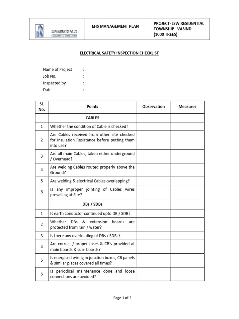 Electrical Safety Inspection Checklist | PDF | Electrical Wiring ...